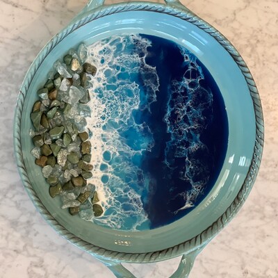 Wood Beach Tray Teal Blue Water Shells Shoreline Lacey White Waves ...