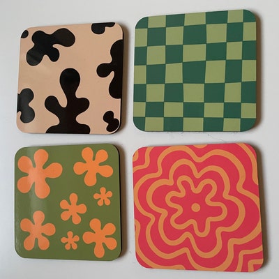 Cute Coasters Set of 4 Wavy Coasters Funky Decor Cork Coaster Colourful ...