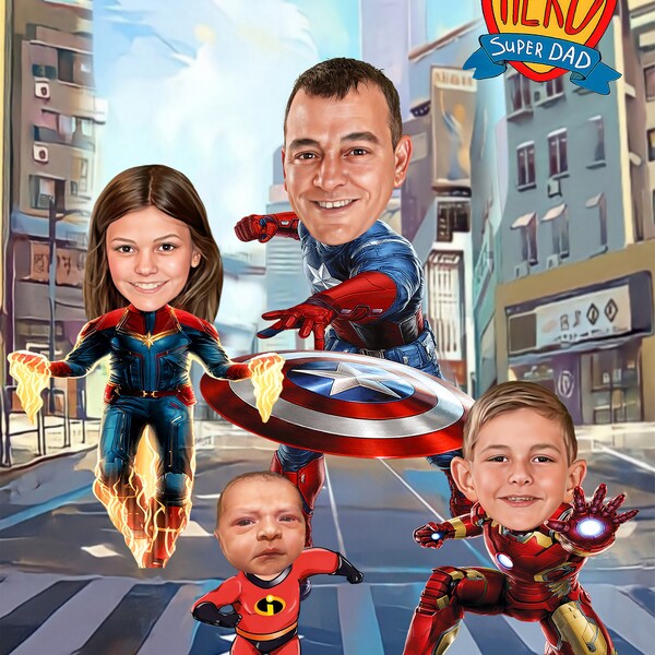 Digital Superhero Family Fathers Day Gift, Custom Portrait for Dad ...