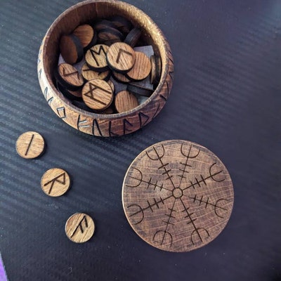 Hand Turned Alder Wood Box of 24 Dark Wood Runes Round Small Rune Set ...