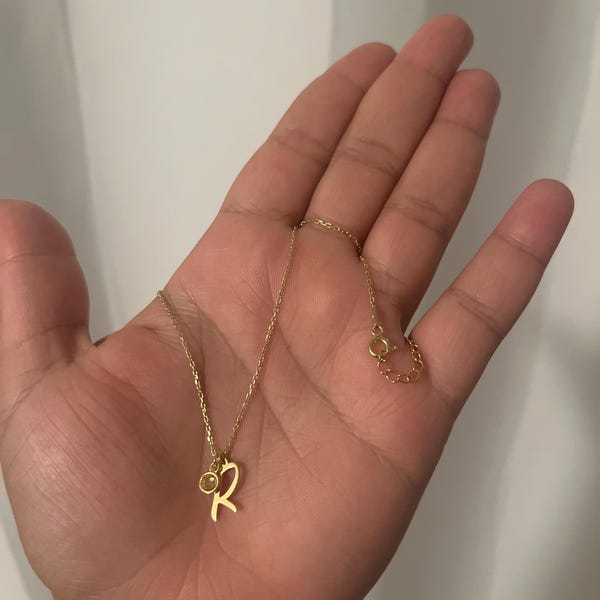 14K Solid Gold Initial Necklace With Birthstone, Custom Initial ...