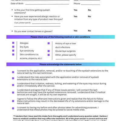 Simple Client Intake Form and Client Self-assessment for Estheticians ...