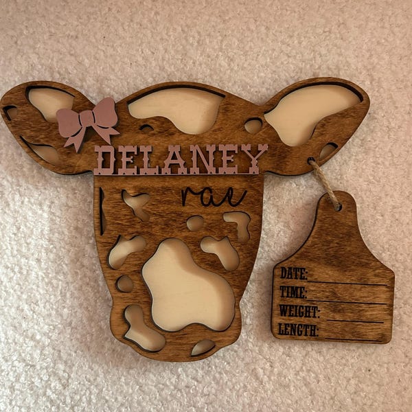 Baby Girl Cow Birth Stats Sign / Nursery Announcement / Cattle Tag ...