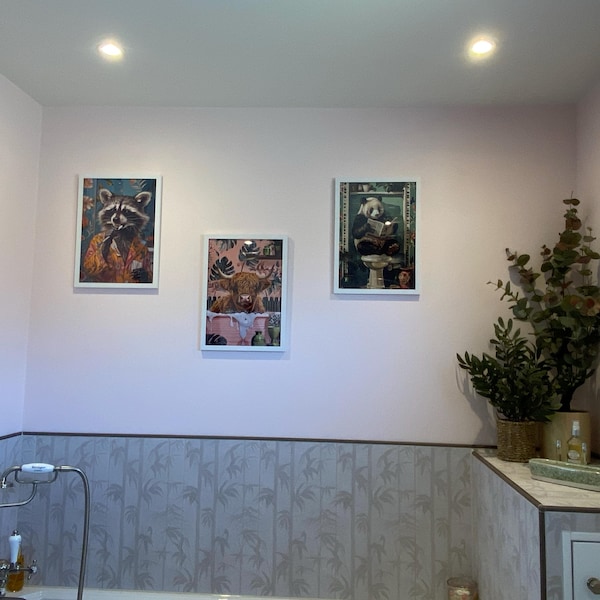 Funny Bathroom Prints Set of 3 Racoon Highland Cow in a Bath Panda ...