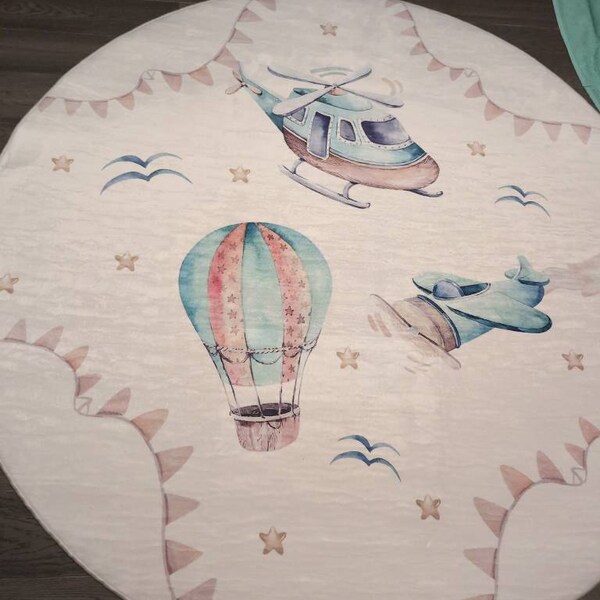 Airplane Patterned Children's Carpet,hot Air Balloon Kids Rug, Baby Boy ...