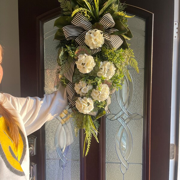 Spring Teardrop Swag, Pink Rose Floral & Burlap Swag, Mothers Day ...