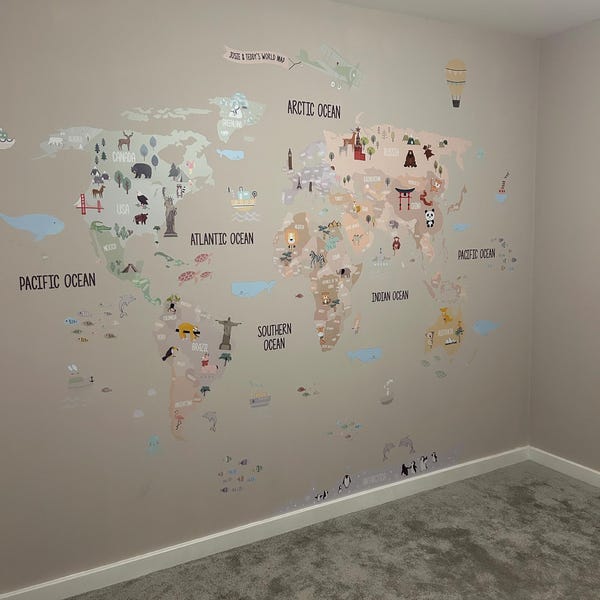 Country Names Colorful World Map Sticker, Animal World Map Decal, Peel ...