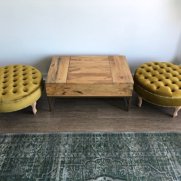 Round Velvet Chesterfield Ottoman: Deep Buttoned Coffee Table, Living ...
