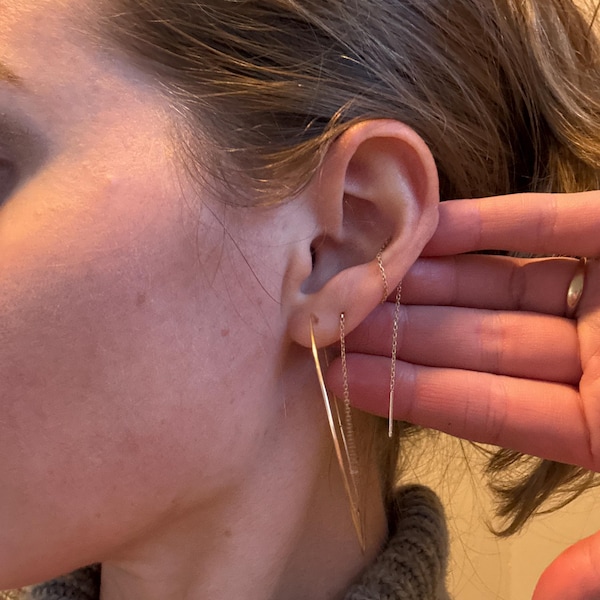 14k Solid Gold Sturdy Extra Long Chain Double Bar Earring, Multiple Piercing Threader, Two Hole ...