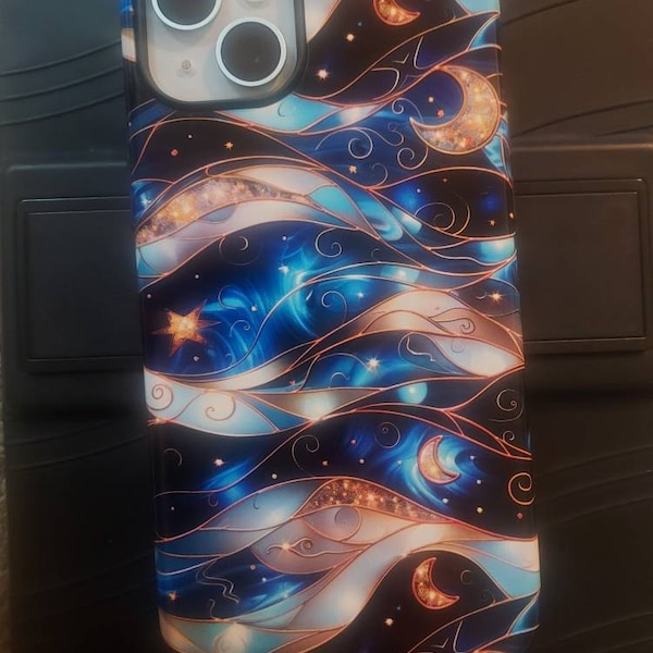 Stained Glass Celestial Moon Phone Case, Stained Glass Effect Stars and ...
