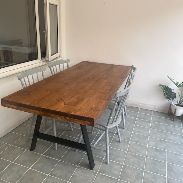 HARDWOOD Solid Oak Chamfered Edge Dining Table With Steel CHUNKY SQUARE ...