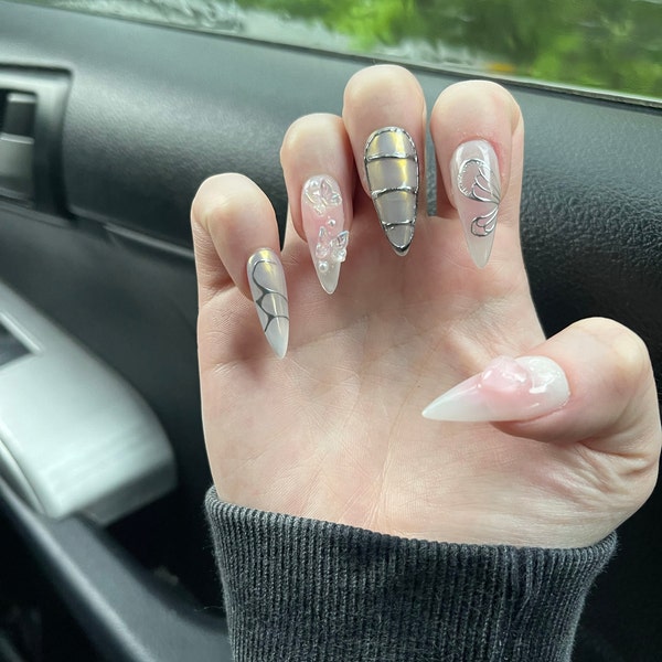 Y2K Silver Chrome and Butterfly Press on Nails | Luxury Nails | Chrome ...