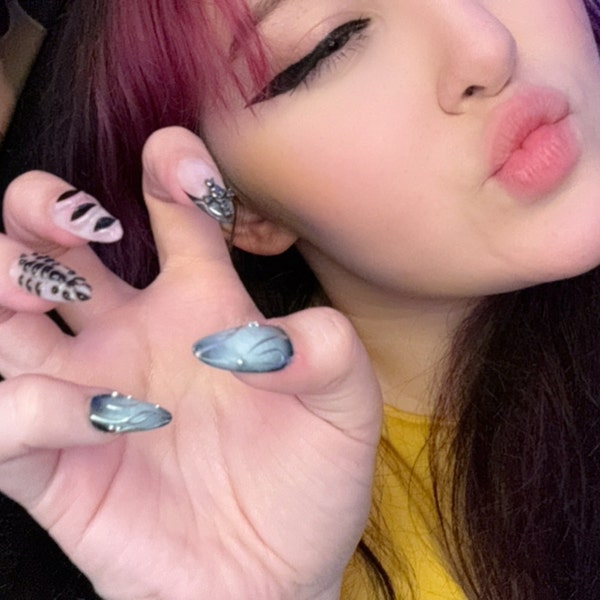 Cool Gothic-inspired Press on Nails | Goth Dark Blue Almond Nails | 3D ...