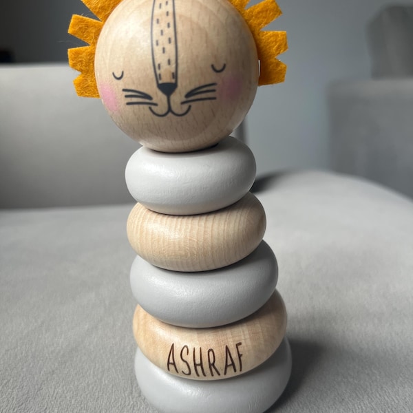 Personalised Wooden Stacking Rings Baby Toy | Stacker Wooden Lion ...