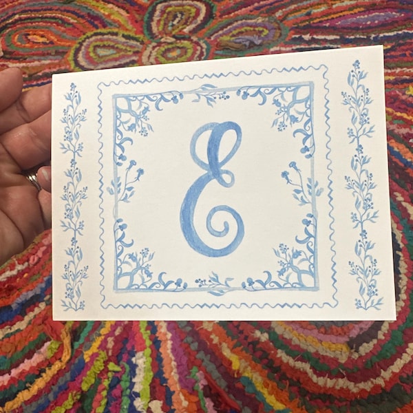 Blue Faience Toile Note Cards With Monogram and White Envelopes ...