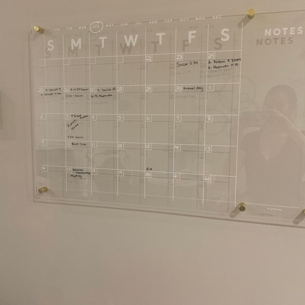 Acrylic Dry Erase Calendar With Side Notes | White Text Lucite Wall ...