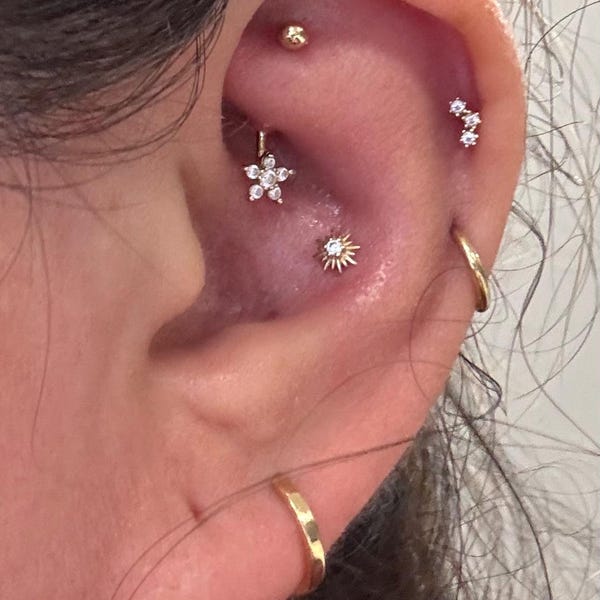 14k Solid Gold Sunburst Stud Earring Dainty Star Cartilage Stud Tiny ...