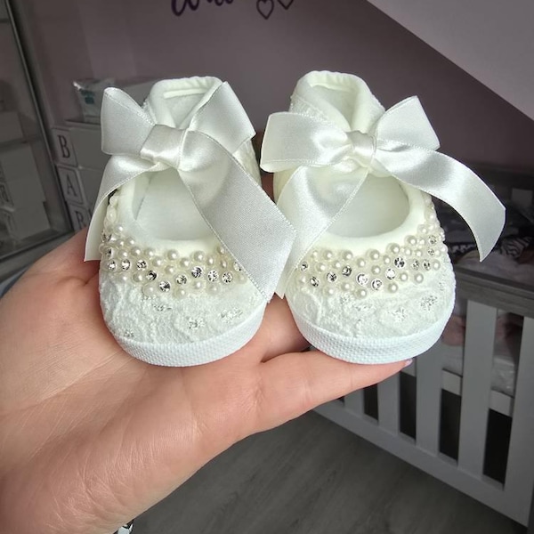 Baby Shoes for Christening, Baptism Shoes With Pearl Bow, Wedding Baby ...