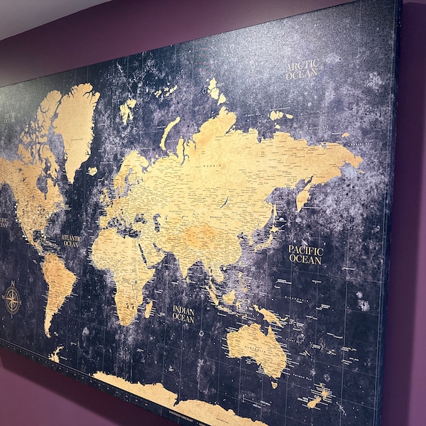 Gold & Navy Textured World Push Pin Map on Premium Canvas With ...