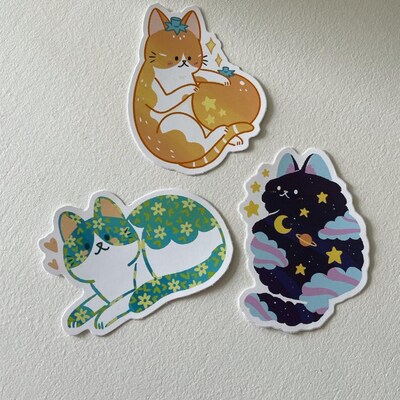 Super Cute Magical Cat Stickers Set of 3 Gloss Illustrated Stickers ...