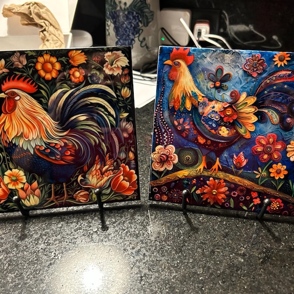 Colorful Rooster Ceramic Tile Artwork | Kitchen Decor | Chicken and ...