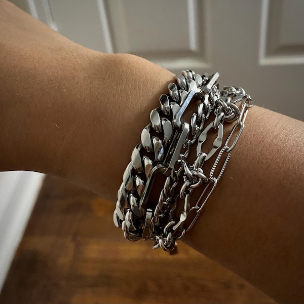 Chunky Multi Layer Silver Necklace for Women in Stainless Steel With ...