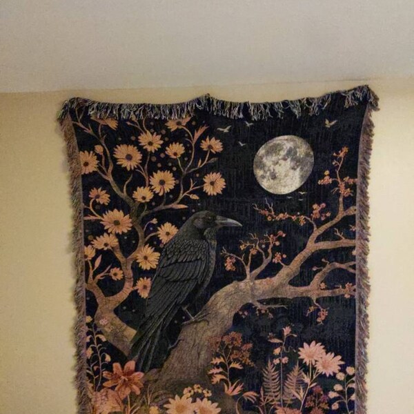 Dark Cottagecore Crow Blanket Tapestry Rug | Raven Woven Wall Hanging ...