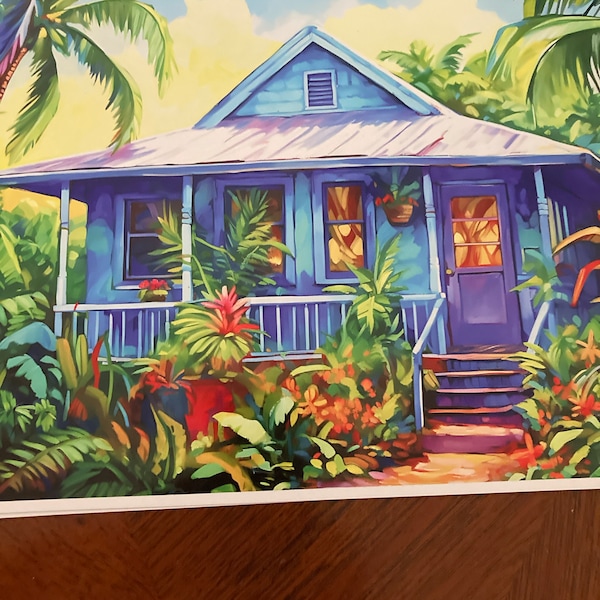Blue Caribbean House in This Tropical Painting, Caribbean Chattel House ...