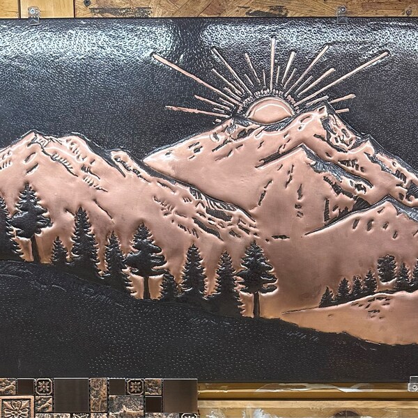 Mountain Scene Copper Wall Decor, Pine Trees Mountains and Rising Sun Wall Art, Handmade Metal ...