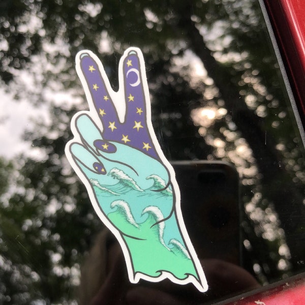 Peace Sign Starry Night & Waves Hand Sticker - Cute Peace Sign Hand ...