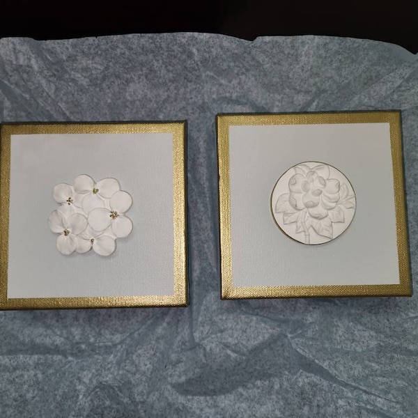 Botanical Intaglio Art on 5X7 or 6X6 Canvas, Plaster Medallions of ...