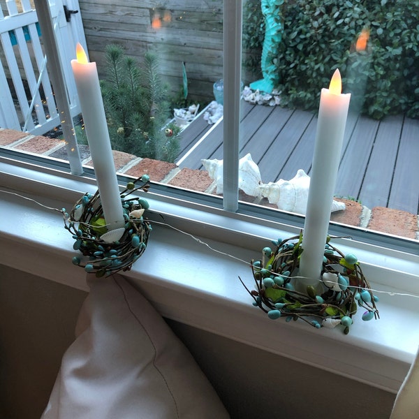 1.5 Inch Candle Ring, Teal Berries & Shells Mini Wreath, Coastal Decor ...