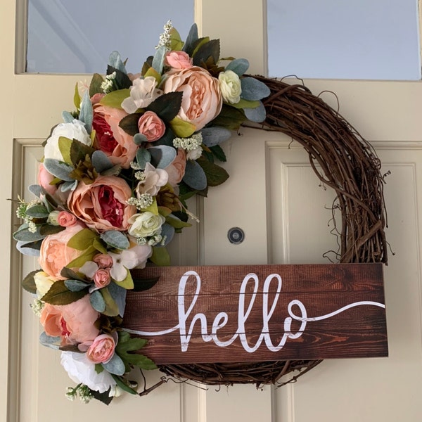 Hello Wreath, Wreaths for Front Door, Peony, Peonies, Lambs Ear, Summer ...