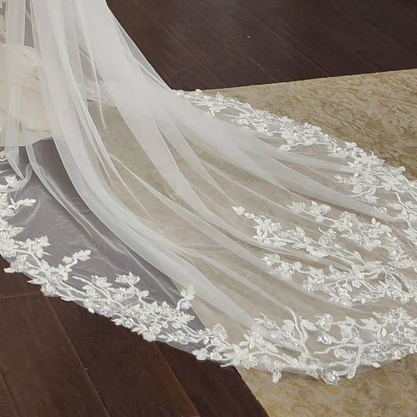 Blue Pearl Floral Lace Veils Flower Wedding Veil, Round Edge Chapel ...