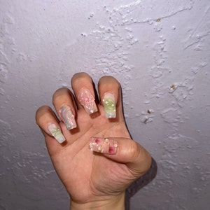 MIDORI Gold Floral Nail Art Press on Nails Jade Magnetic Nails 3D Gel ...