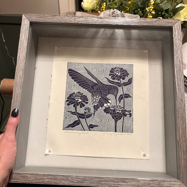 Hummingbird in the Zinnias Linocut in Blue,hummingbird Linoprint,bird ...