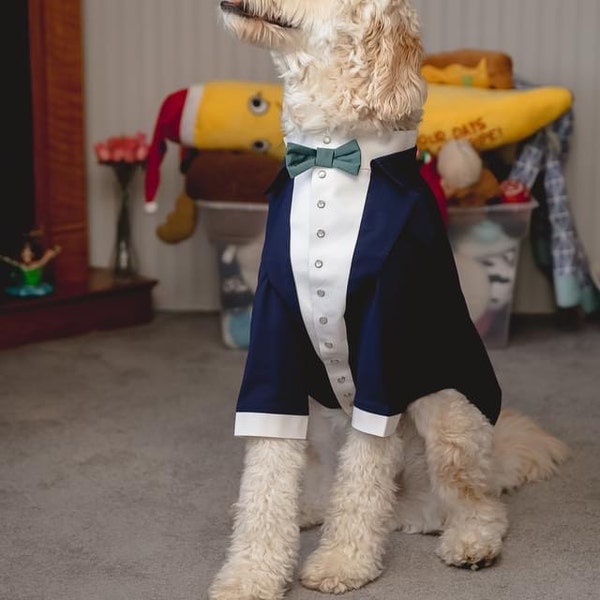 Navy Blue Dog Tuxedo With Light Blue Bow Tie Bespoke Dog Tux Dog Wedding Attire Formal Dog Suit ...