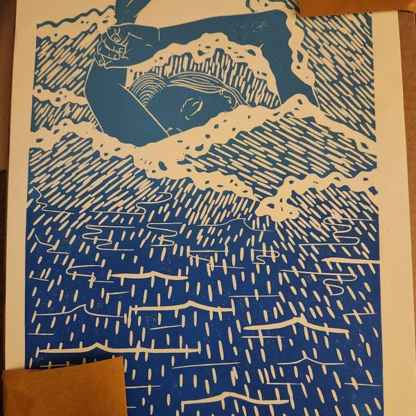 Humpback Whale in Moonlit Ocean Scene - Hand Printed Block Print - Lino ...