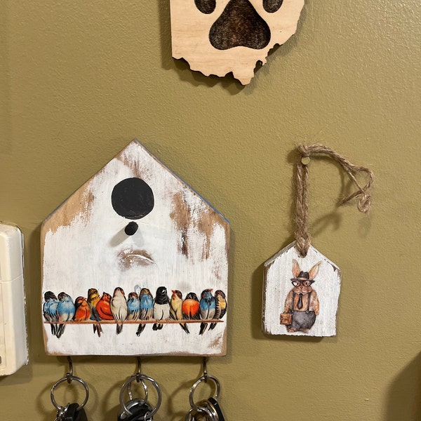 Key Holder for a Wall With Garden Birds, Birds Decorations, Wooden ...
