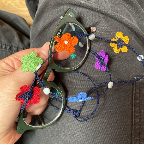 Rainbow Flower Hand-knitted Eyeglass Strap: Turkish Lace Glasses Chain ...