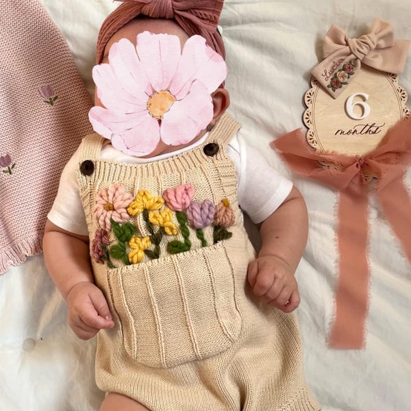 Custom Hand Embroidered Pocket of Flowers Knit Romper, Custom Romper ...