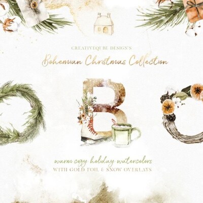 Bohemian Christmas Watercolor Clipart Collection, Clip Art, Hand ...