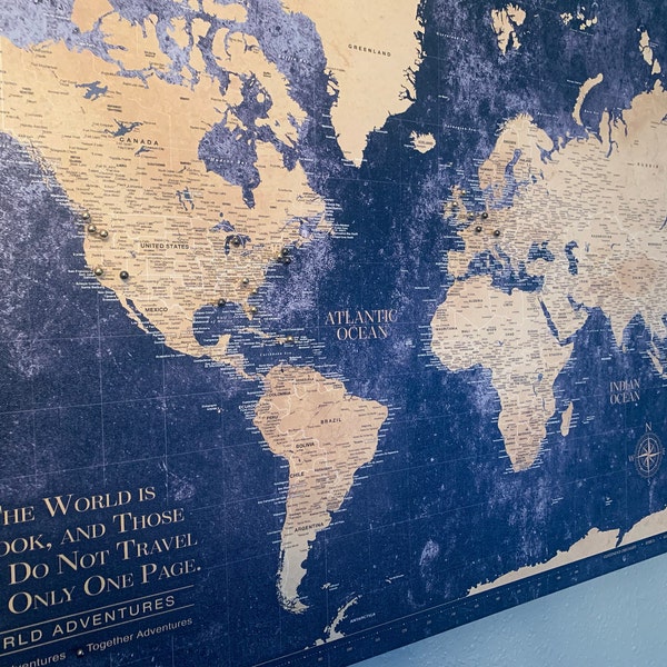Gold & Navy Textured World Push Pin Map on Premium Canvas With ...
