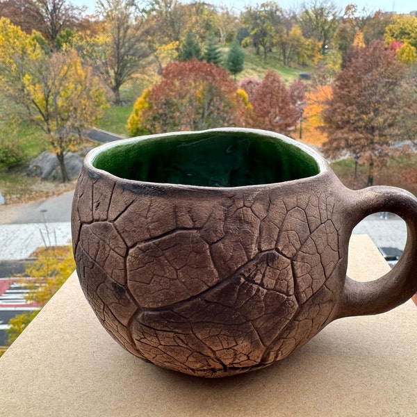 Big Ceramic Coffee Mug With Leaf Impressions Handmade Pottery Mugs ...