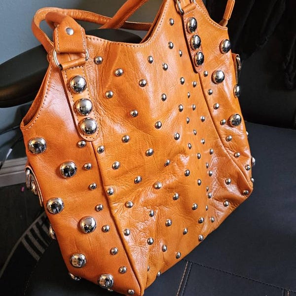 Polka Dot Studded Leather Tote Bag, Polka Dot Leather Shoulder Bag ...