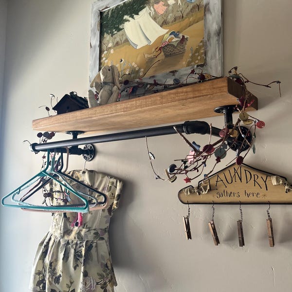 Laundry Room Bar With Attached Wood Shelf, Clothing Rack, Drying Bar ...