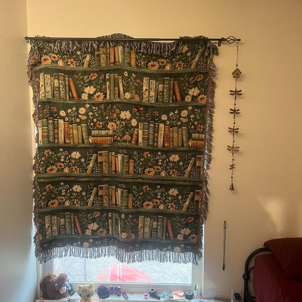 Cottagecore Book Tapestry, Reading Woven Blanket, Floral Book Shelf ...