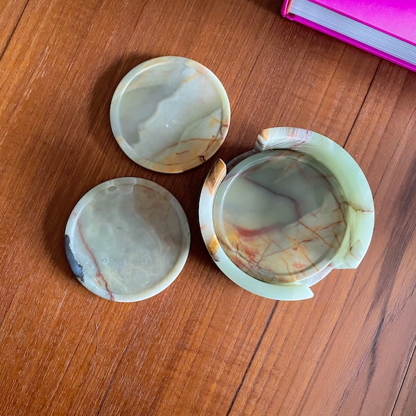 4" Round Banded Onyx Drink Coasters - Set of 6 With Holder - Etsy
