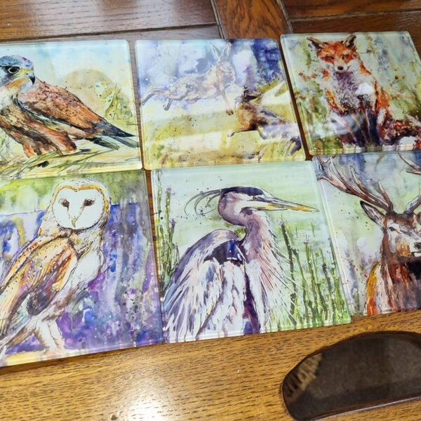 Handmade Animal Coasters Set-glass Woodland Animal Design-house Warming ...