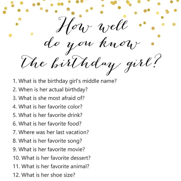 Gold Girl Birthday Party Games, Who Knows the Birthday Girl Best, How ...